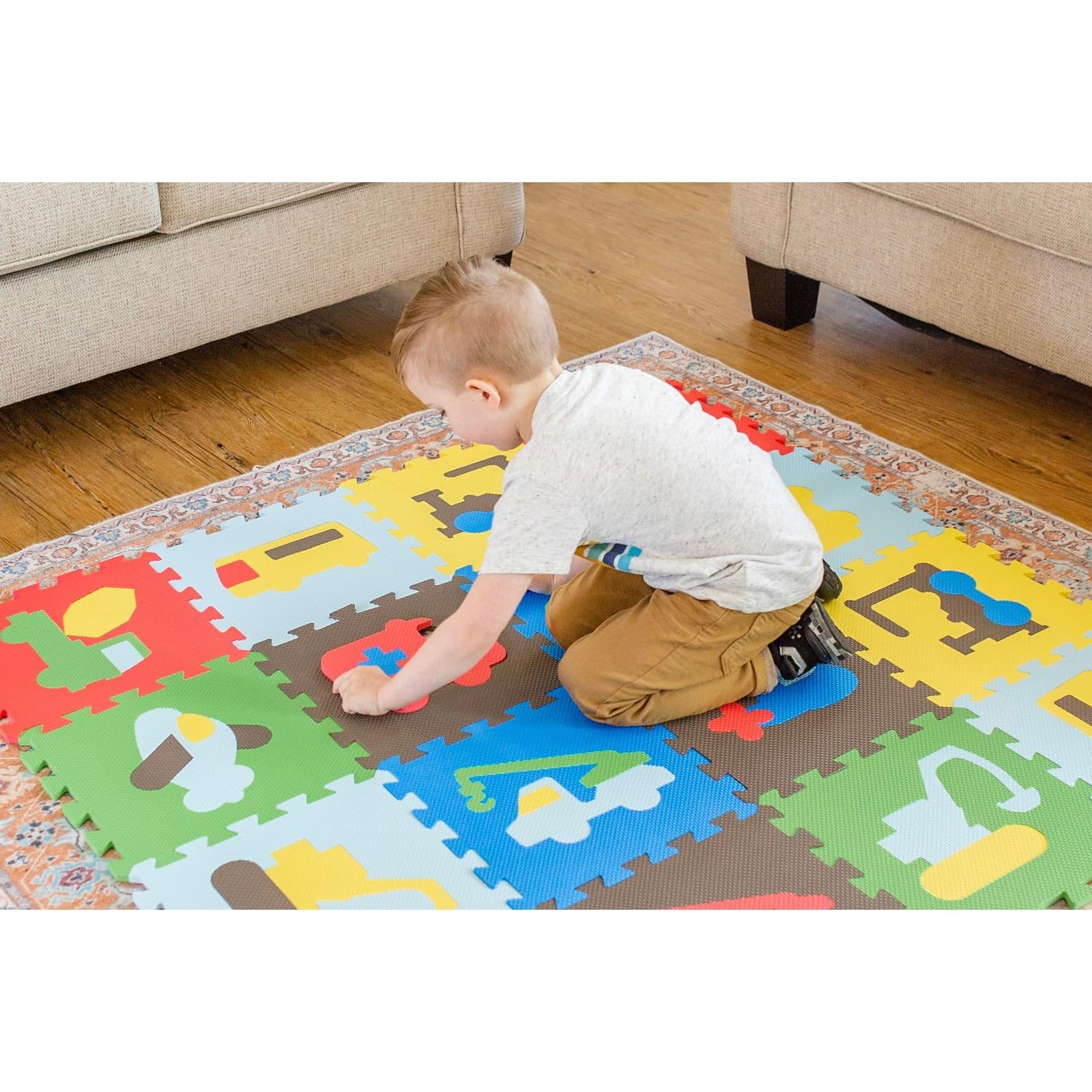 Tadpoles 16 Tiles Transportation Playmat for Kids | Interlocking Tiles with 16 Border Pieces | Soft EVA Foam | Safe & Durable | Total Floor Coverage 50β x 50β | Ages 3 & Up | Multicolor