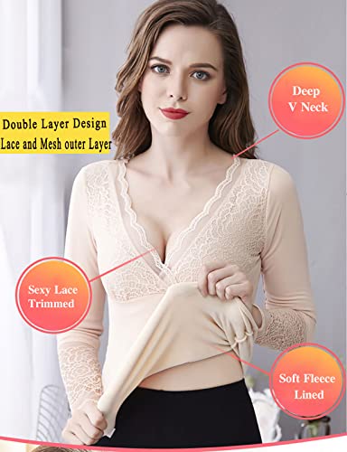 Flygo Womens Thermal Fleece Lined Cotton Underwear Lace Long Sleeve V-Neck Top (Large, 02 Nude)