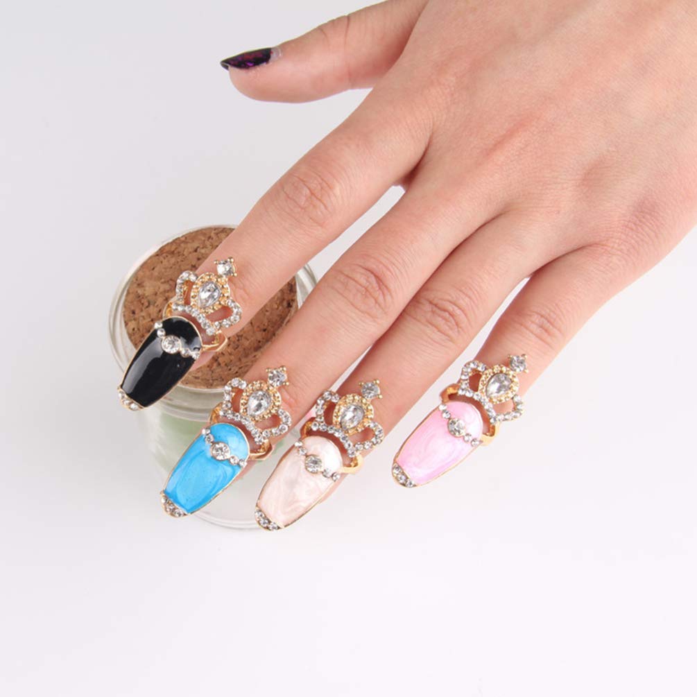 Beaupretty 4 Pcs Finger Nail Rings, Luxury Crystal Rhinestone Fingernails Ring Fashion Crown Knuckle Nail Rings Decoration Tip for Women