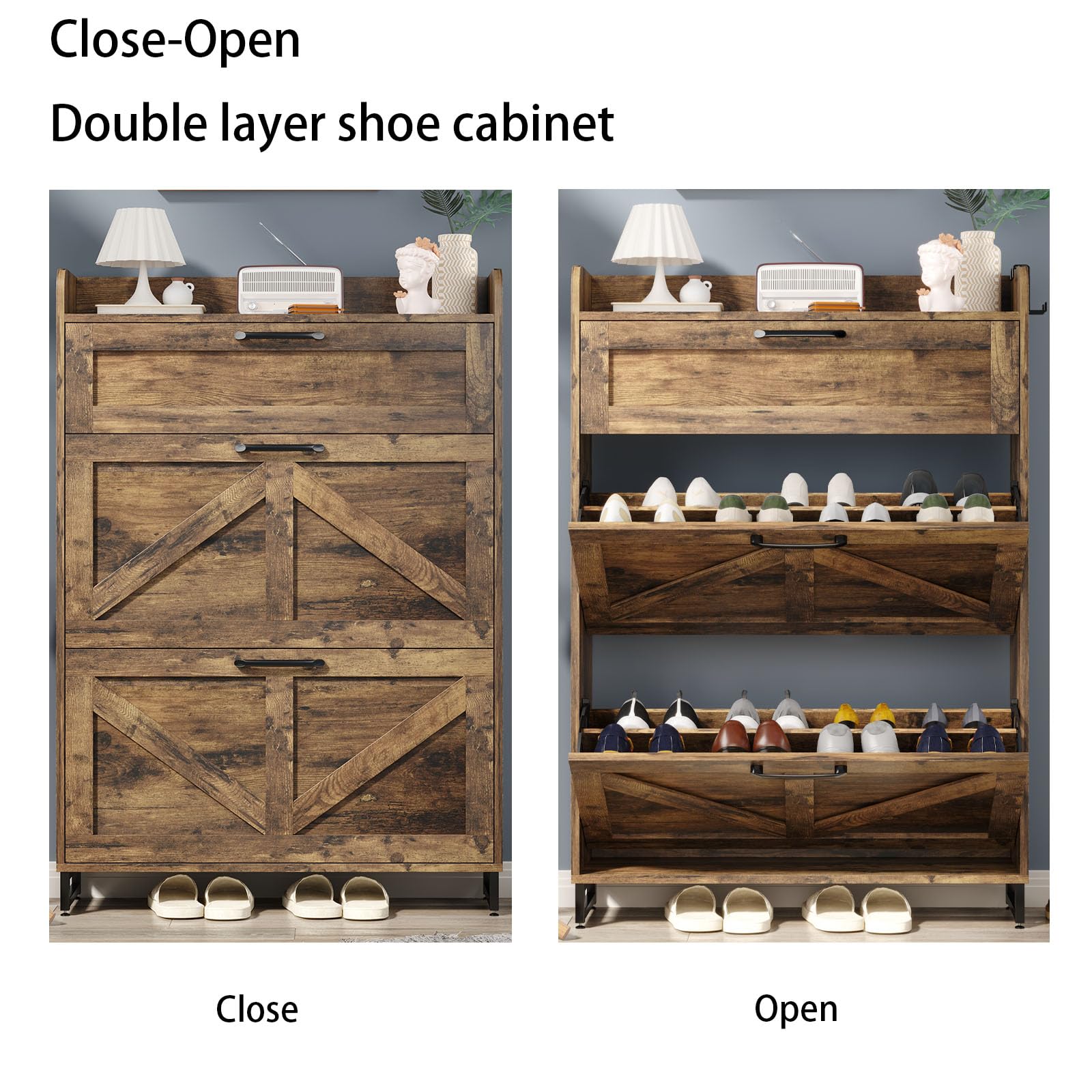 CollaredEagle Shoe Cabinet, Shoe Storage Cabinet for Entryway, Free Standing Shoe Storage Organizer with Rattan Doors for Heels, Boots, Rustic Brown