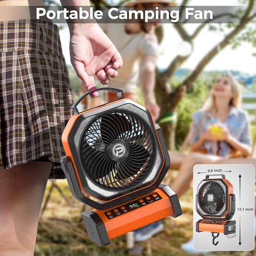 Camping Fan with LED Lantern, 20000mAh Rechargeable Battery Fan, Max 112Hrs Running,9 Speeds, Digital Display,4 Timer,Auto-Oscillating Table Fan with Remote & Hook for Camping, Power Outage, Hurricane