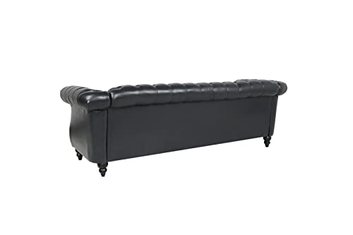 DEINPPA Chesterfield Faux Leather Fabric Sofa with Rolled Arm and Nailhead 84" Modern Design Three Seater Sectional Couch for Home Furniture (Faux Leather, Black)