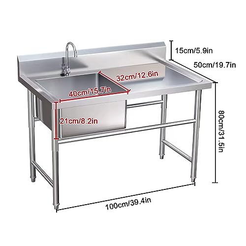 Large Single Bowl Outdoor Sink Freestanding Stainless Steel Sink, Stainless Steel Utility Sinks,1 Compartment Commercial Kitchen Sink,w/Workbench (39.4 * 19.7 * 31.5in,left platform)