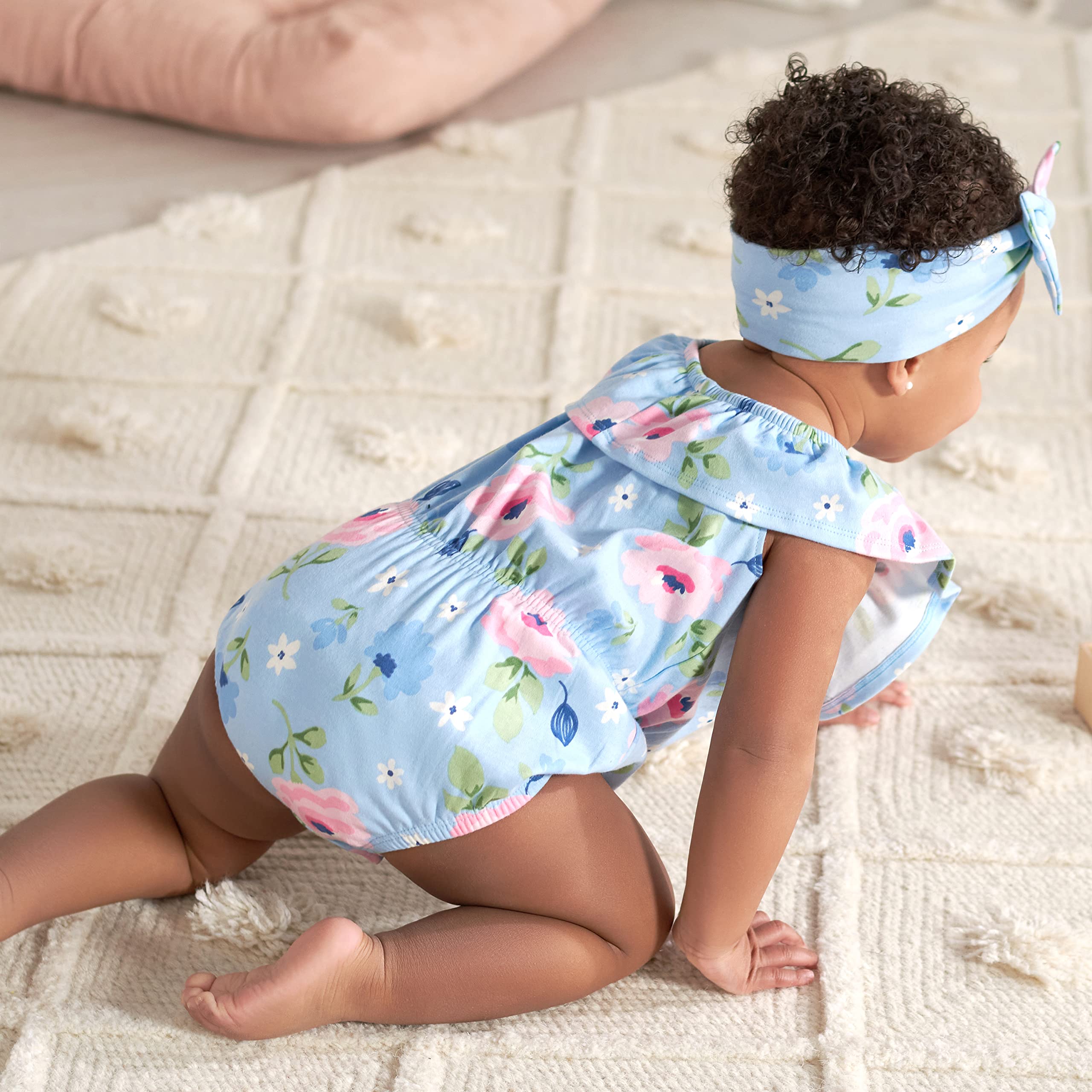 Gerber Baby Girls 2-Piece Wide Neck Romper & Headband Set, Blue Rose, 6-9 Months