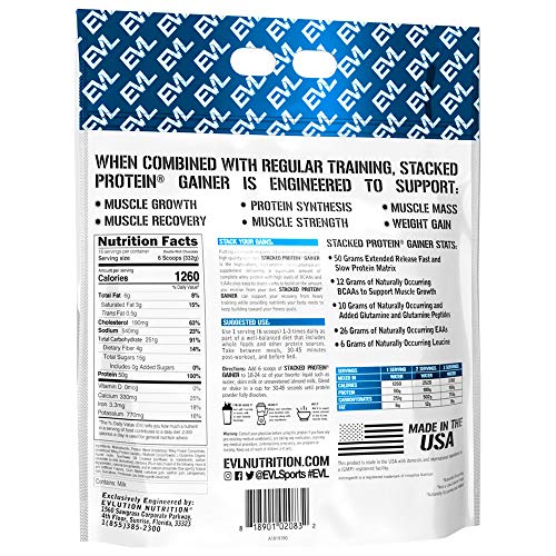 Evlution Nutrition Stacked Protein Gainer, Whey Protein Powder Complex, 50 Grams Protein, 250 Grams Carbohydrates, Build Muscle, Recovery, Post Workout, Gluten-Free (Double Rich Chocolate, 12 LB)