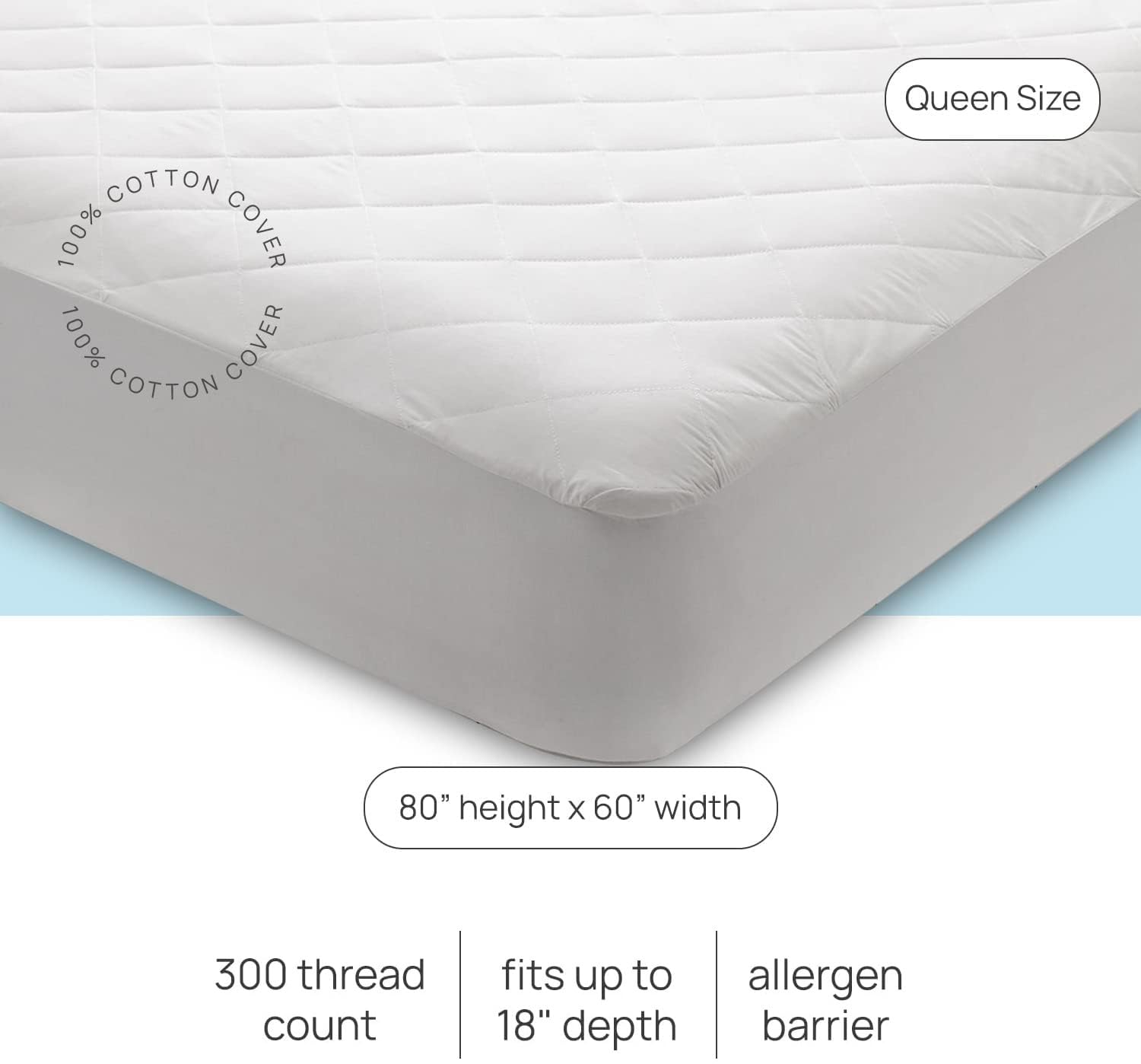 East Coast Queen Size Fitted Mattress Pad Protector - Breathable Quilted Soft Cotton Mattress Pad Cover Bedding Topper Protection, Moisture Resistant, 300 Thread Ct 18 Inch Deep Machine Washable