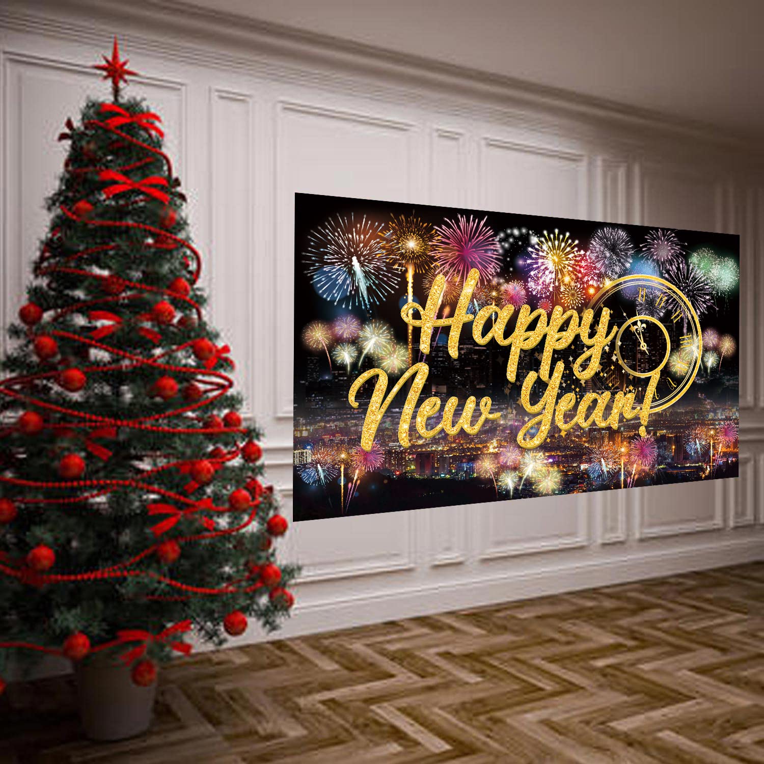 Famoby Happy New Year Fabric Sign Poster Backdrop with Fireworks for New Year Photo Booth Background Party Decoration