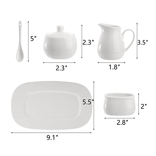 Dicunoy Set of 4 Sugar and Creamer Set, Small Creamer Pitcher with Handle, Sugar Bowl with Lid, Spoon and Tray, White Ceramic Sweetener Packet Container for Coffee Bar, Tea, Milk