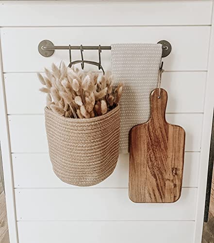 Wall Hanging Storage Baskets Jute Set of 2 Small Woven Rope Closet Organizer 6.7"x7.9" Décor with Black Leather Handle Nursery Storage Bins for Flower Plants/Garage/Shelf/Outdoor/Bathroom