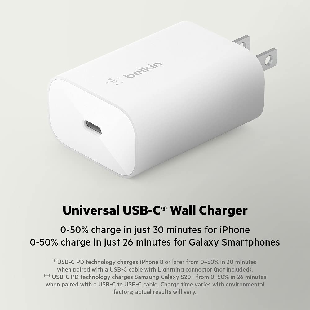 Belkin 25W USB-C Wall Charger and Braided USB-C to USB-C Charging Cable Bundle for iPhone 15 Series, iPad Pro, Galaxy S23 Series
