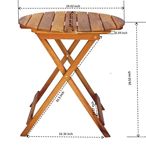 BTEXPERT BC5177 Backyard Balcony Deck Furniture 3 Piece Round Coffee Folding Table 2 Chairs Patio Wood Bistro Set, Acacia Brown