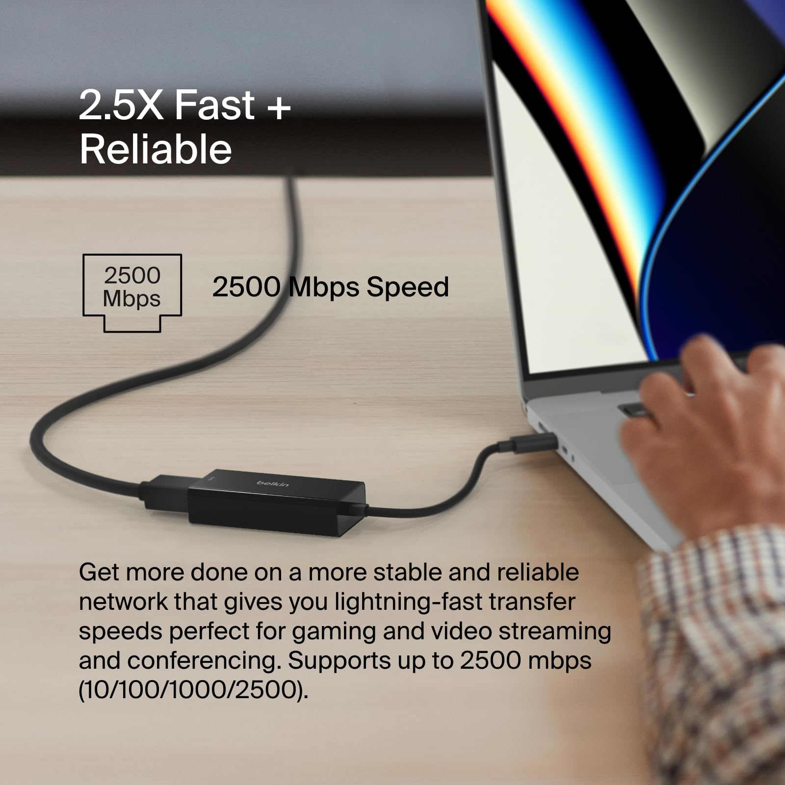 Belkin USB Type C to 2.5 Gb Ethernet Adapter, USB-IF Certified Thunderbolt 3 & 4 / USB-C to LAN Network Adapter Compatible with MacBook Pro/Air, iPad Pro, XPS, Surface, and Other USB C Devices