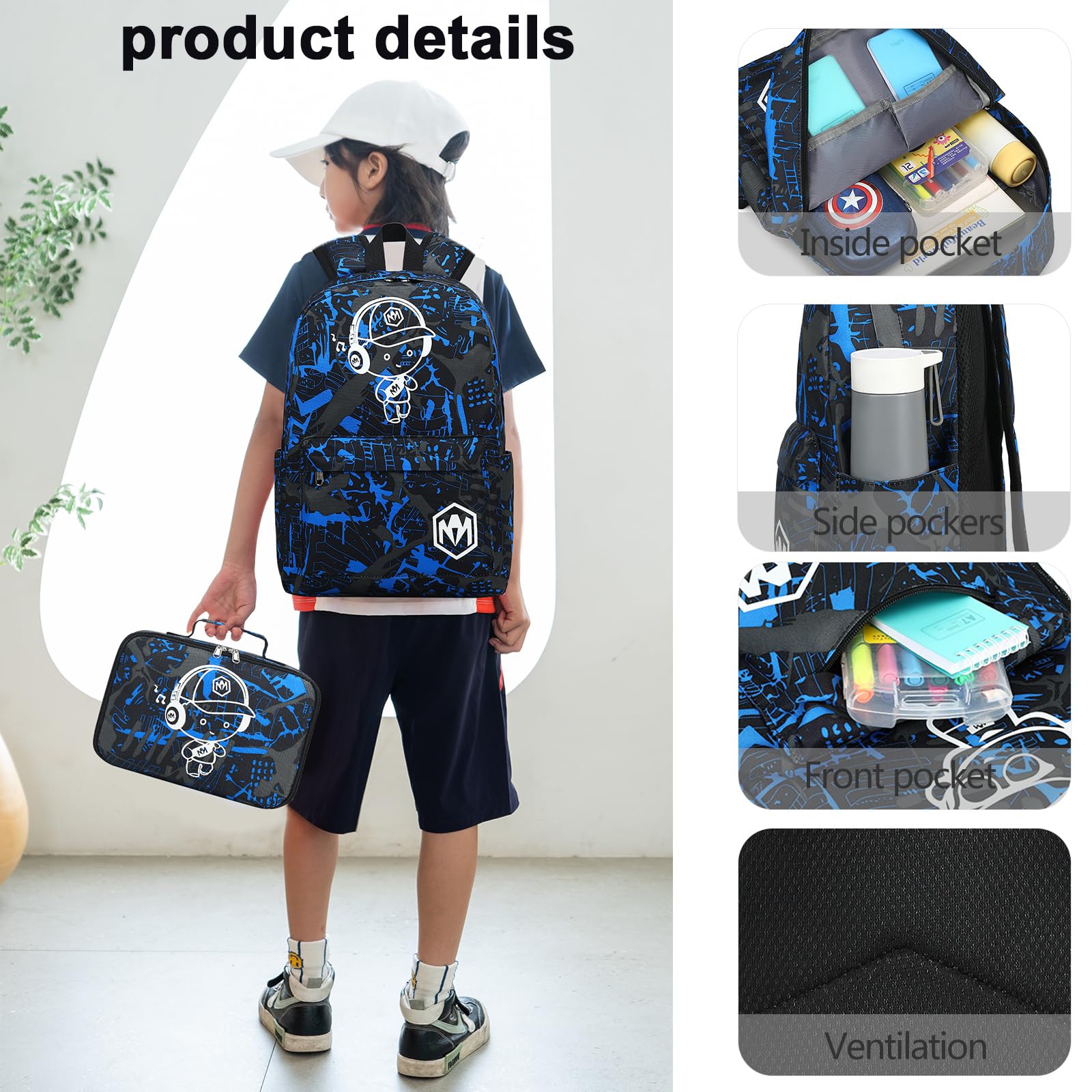 Bluboon Preschool Backpack Kids Kindergarten Boy Backpack With Lunch Box Dinosaur School Book Bags for Elementary Primary Schooler (Navy)