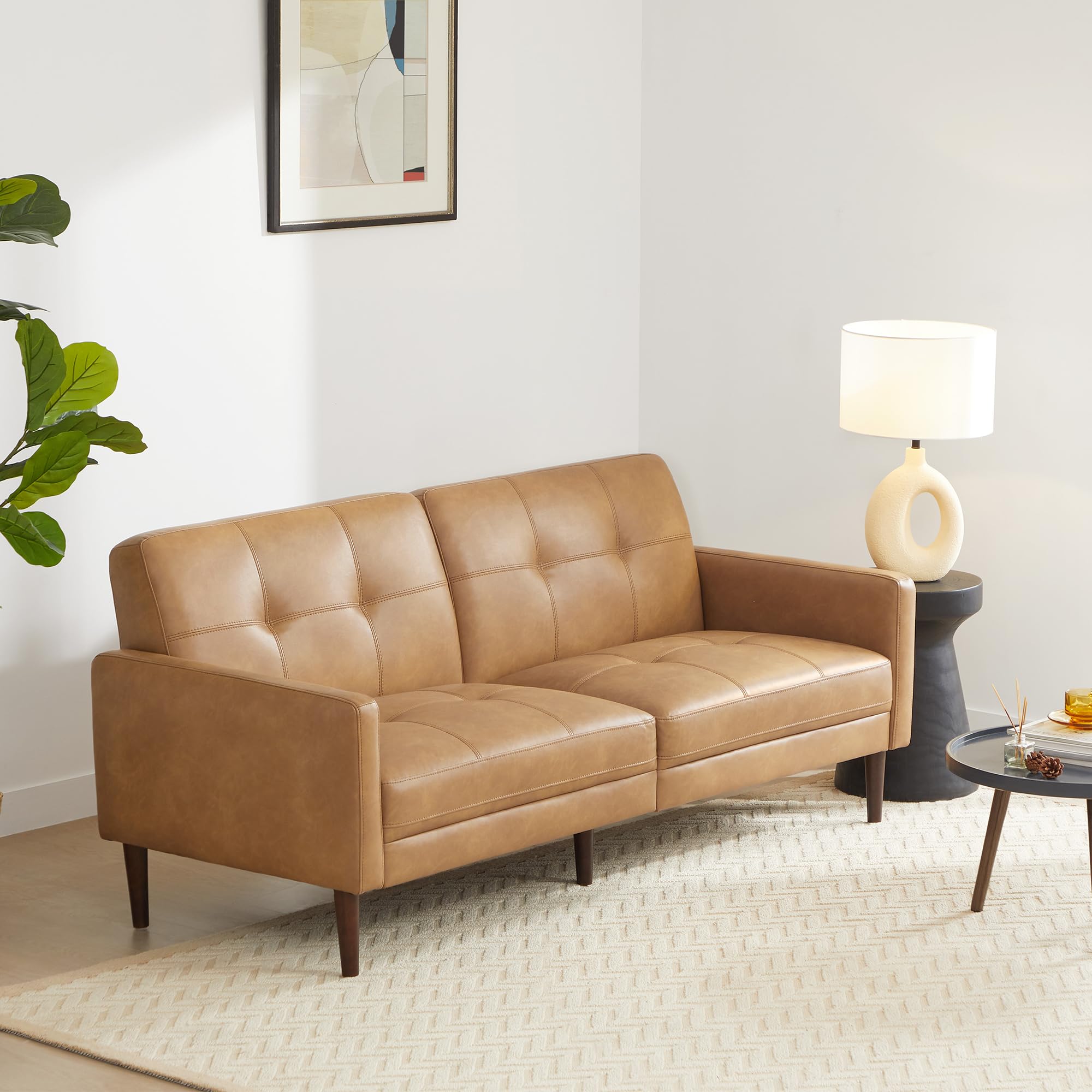 CHITA Mid-Century Sofas Furniture 73.2''W Faux Leather Sofa Couch Sets for Living Room Apartment, Cognac Brown