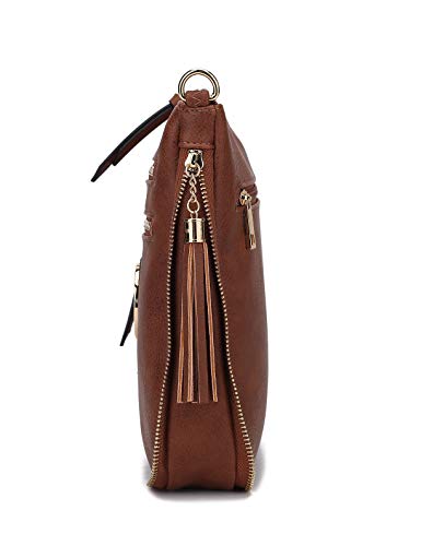 MKF Crossbody Bags for Women, PU Leather Crossover Handbag, Tassels, Small Shoulder Side Messenger Purse Mustard