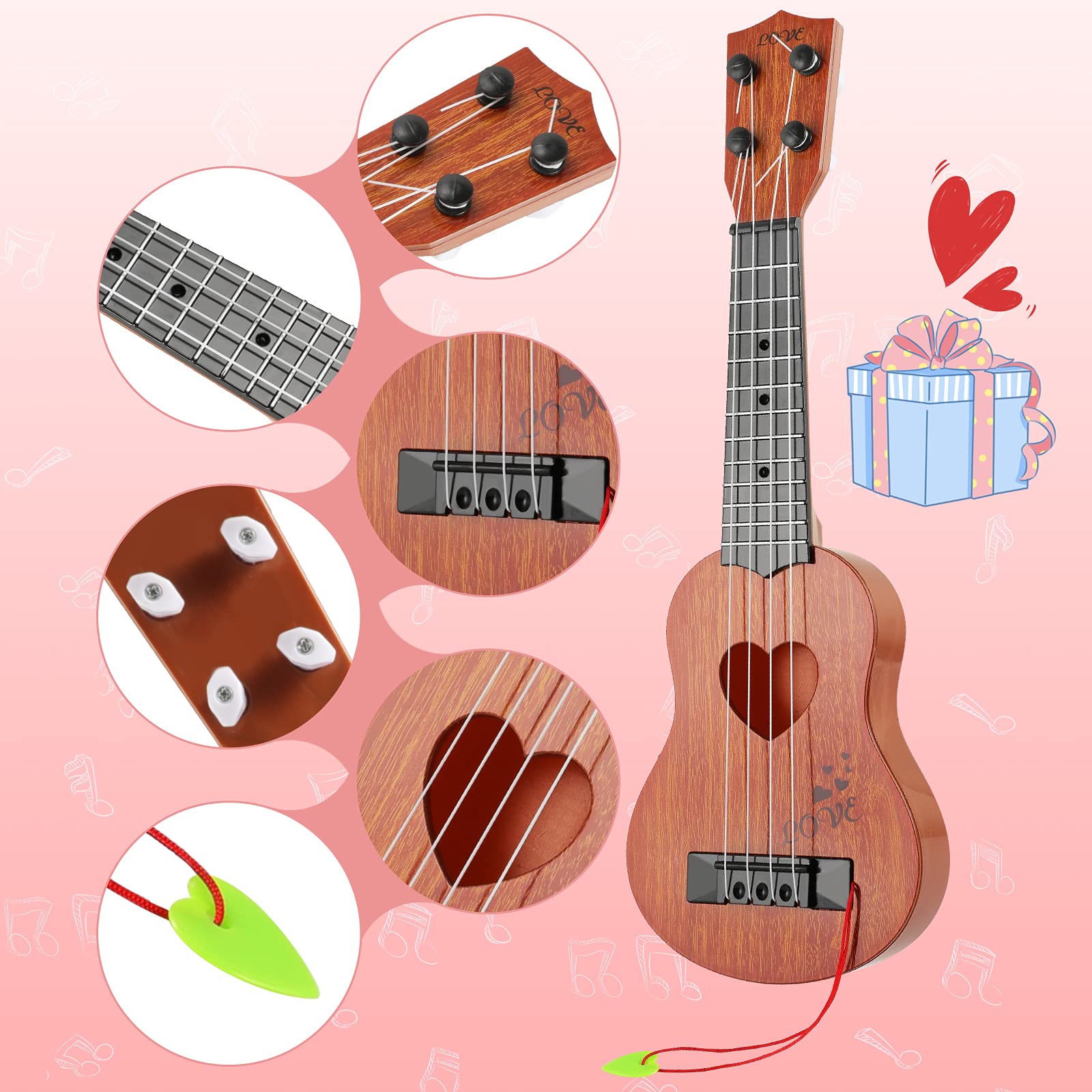 Kids Toy Guitar, Ukulele Beginner Musical Instrument, Easy to Hold 17 inches with 4 Adjustable Strings Mini Guitar for Skill Improving Early Educational Pre School Children Toddler