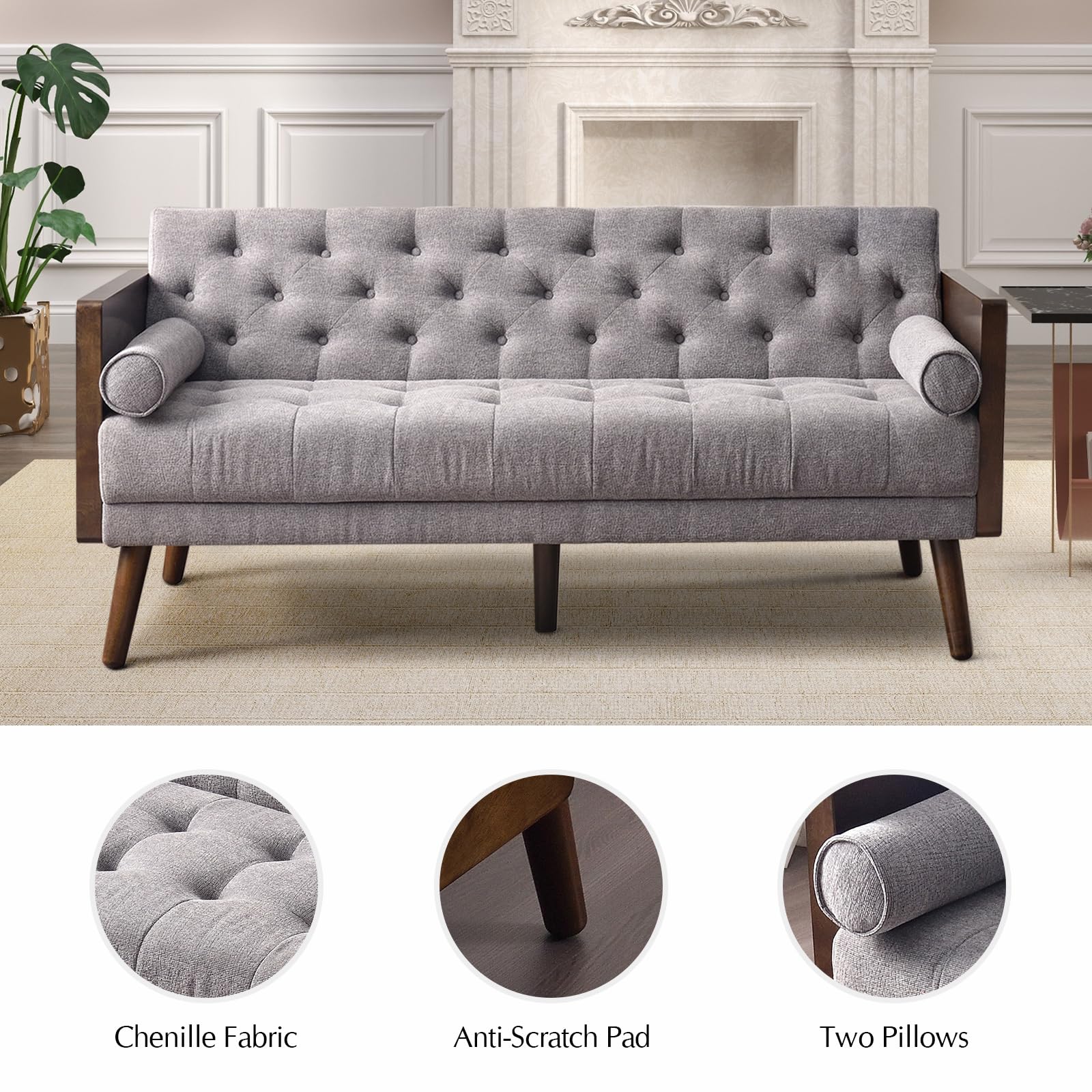 CANMOV Futon Sofa Bed, Sofa Cama, Sleeper Loveseat, Convertible Sleeper Sofa Bed Living Room, Wood Frame Loveseat Sleeper Sofa Bed with 2 Pillows for Small Spaces, Bedroom, Office, 70 Inch, Grey