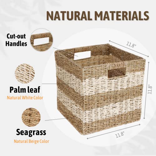 Foldable Hand-woven Wicker Cube Storage Bins, Collapsible Wicker Storage Cubes, Natural Palm Fiber & Seagrass Storage Baskets, Chi An Home Cubes Organizer with Handles, 4 Pack - 11.8" x 11.8" x 11.8"