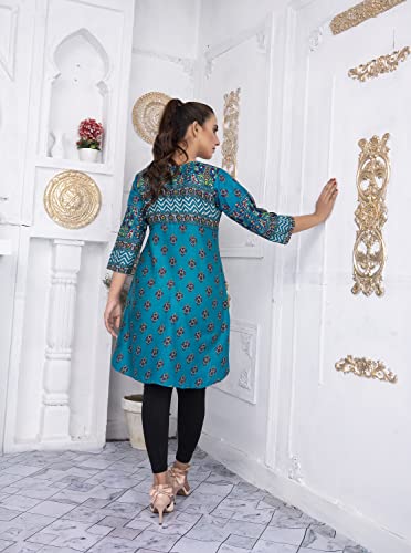 IshDeena Pakistani Kurtis for women Indian Style Cotton Tunics Womens Tops Printed Lawn (Small, Teal)