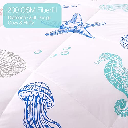 JSD Beach Theme 2 Piece Twin Kids Comforter Set, Jellyfish Starfish Shell Printed Comforter with Pillow Sham, Soft Comfortable Machine Washable