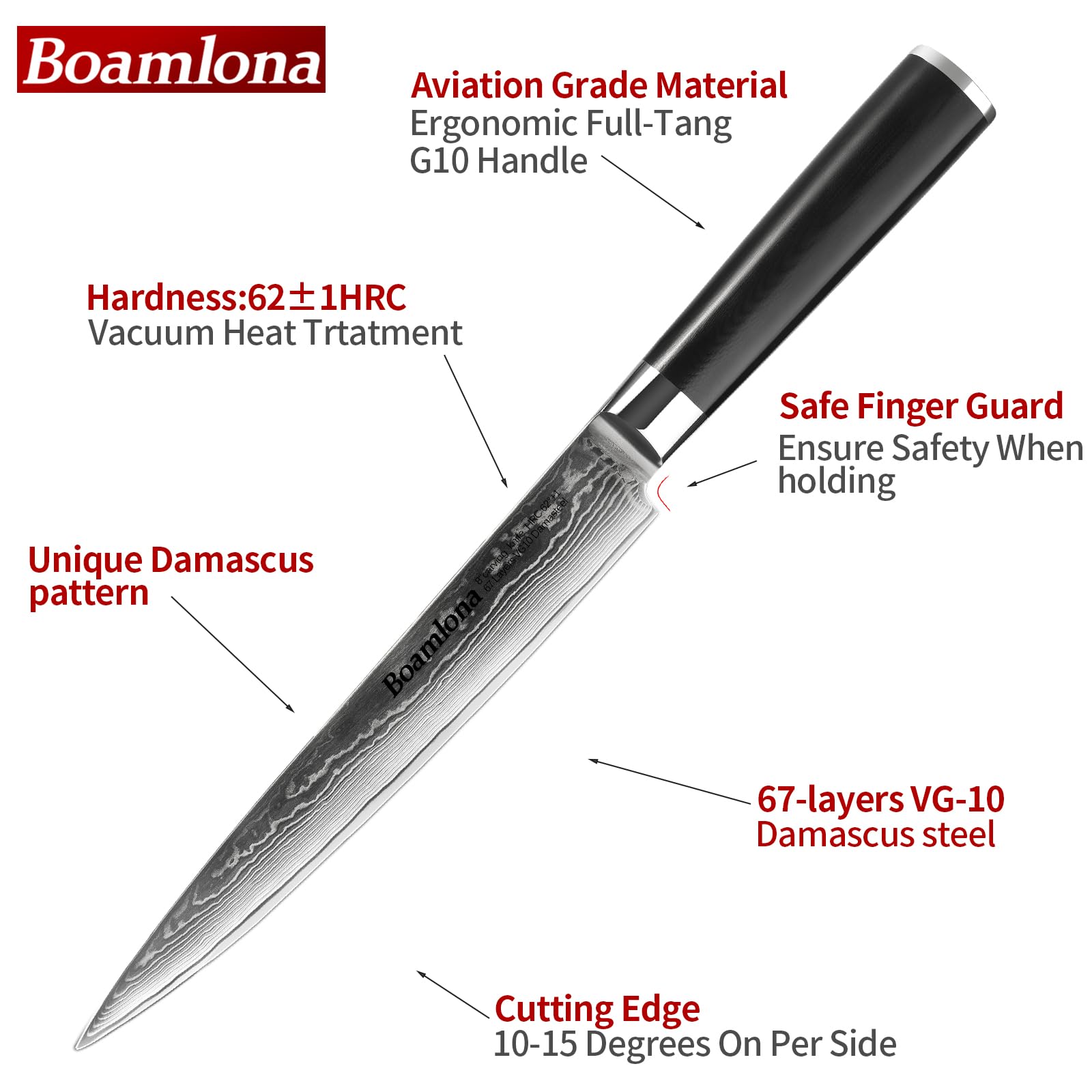 BOAMLONA Damascus Carving Knife - 8" Slicing Razor Sharp Meat Cutting Knife - Japanese VG10 Steel Core High-carbon steel Forged -Full Tang Ergonomic G10 Handle/w Sheath&Gift Box