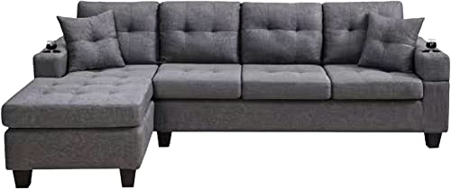 DNYN Modern Sectional Sofa Couch,Polyester Fabric 3-Seater L-Shape Corer Sofá with Chaise & Cup Holders & Removable Cushions & Throw Pillows, Furniture for Home or Office, Gray