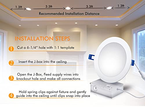 CLOUDY BAY 6 inch 3000K/ 4000K/ 5000K Three Color Temperature Selectable, Dimmable 15W CRI 90+, Ultra Thin LED Recessed Light with Junction Box, IC Rated, Air Tight, ETL/JA8, White, 12 Pack