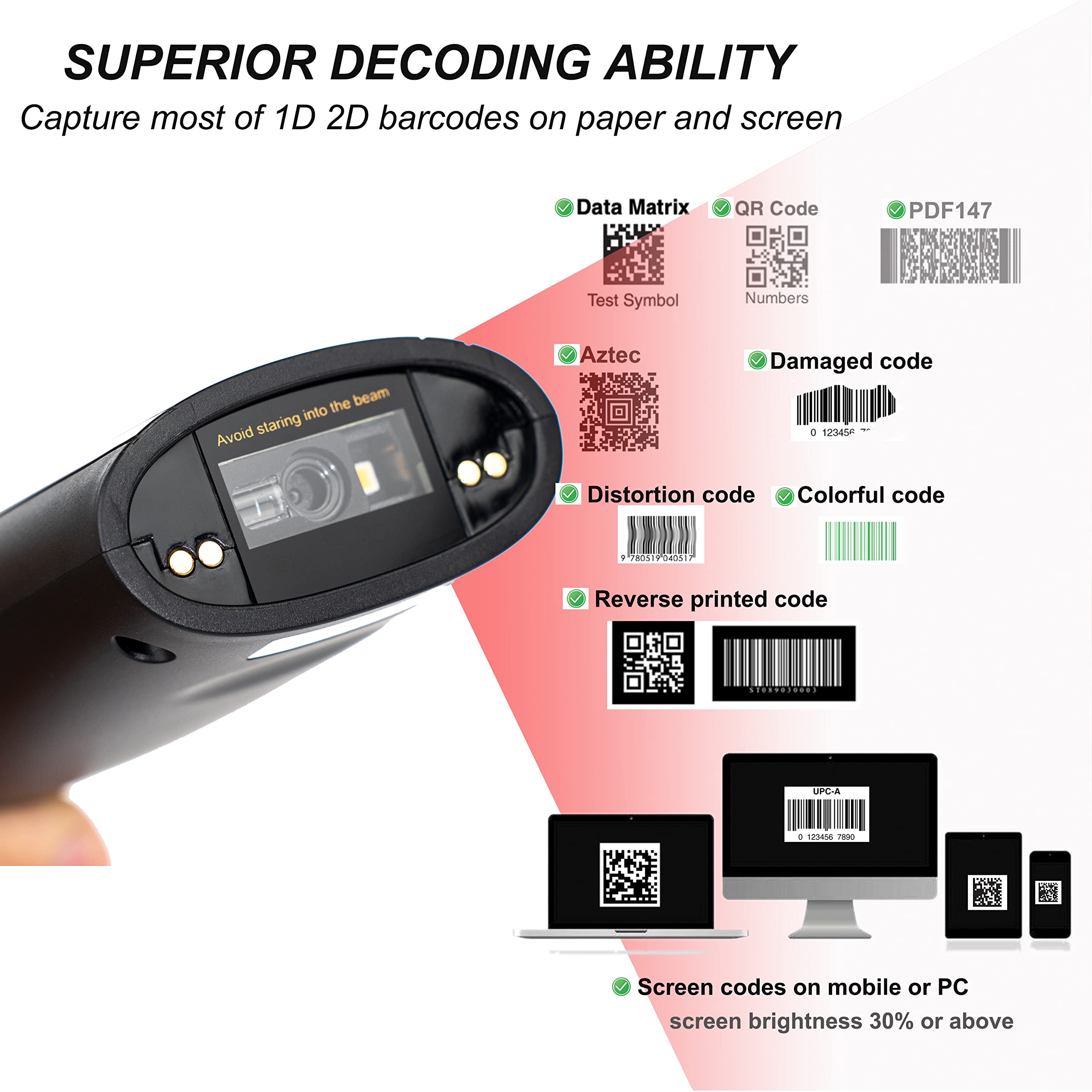 TEEMI Bluetooth Barcode Scanner with Charging Dock Data Receiver, Mini Bar Code Scanner with Neck Wrist Lanyard Included Handheld 2D QR Bar Code Reader for Tablet iPhone iPad Android iOS (Black)