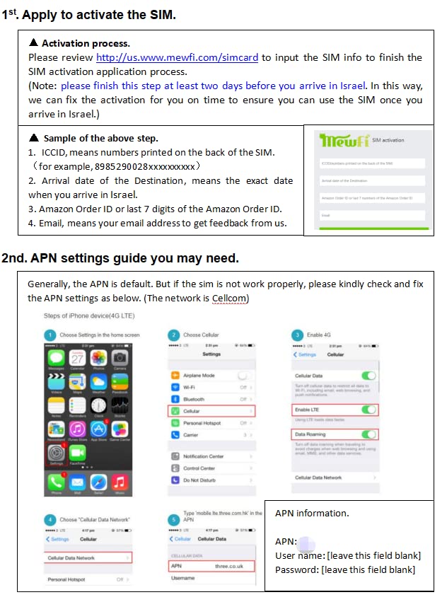 Israel SIM Card Network is Cellcom 1GB FUP per Day 15days Israel SIM Israel Cellcom SIM Card. Network Data Only