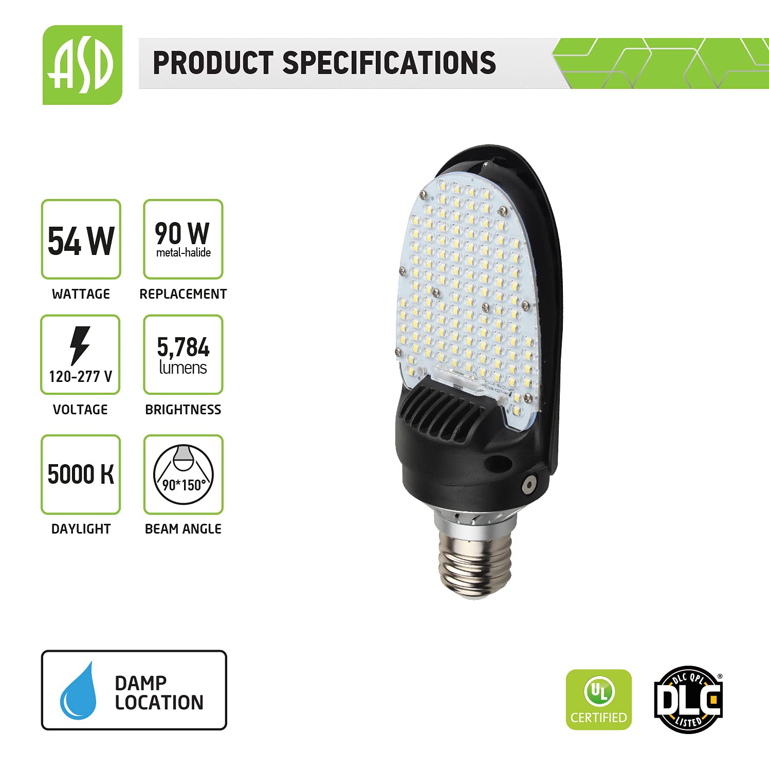 ASD LED Paddle Bulb 54W (90W MHL Equivalent) 5000K Daylight 5784Lm 120-277V UL & DLC - Outdoor LED Corn Bulb EX39 Rotatable Base - LED Parking Light Bulb - Post Light Bulb - Mogul Base Light Bulb