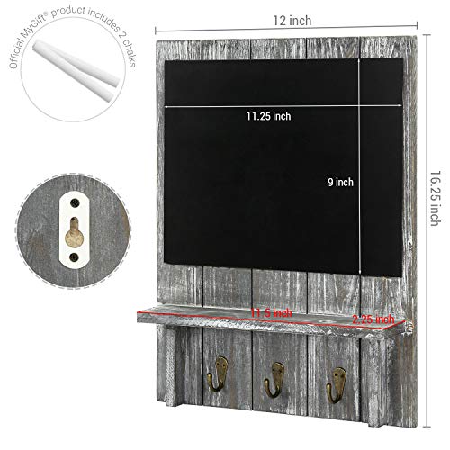 MyGift Wall Mounted Rustic Gray Wood Entryway Key Holder Organizer Rack with Chalkboard, Storage Display Shelf and 3 Hooks