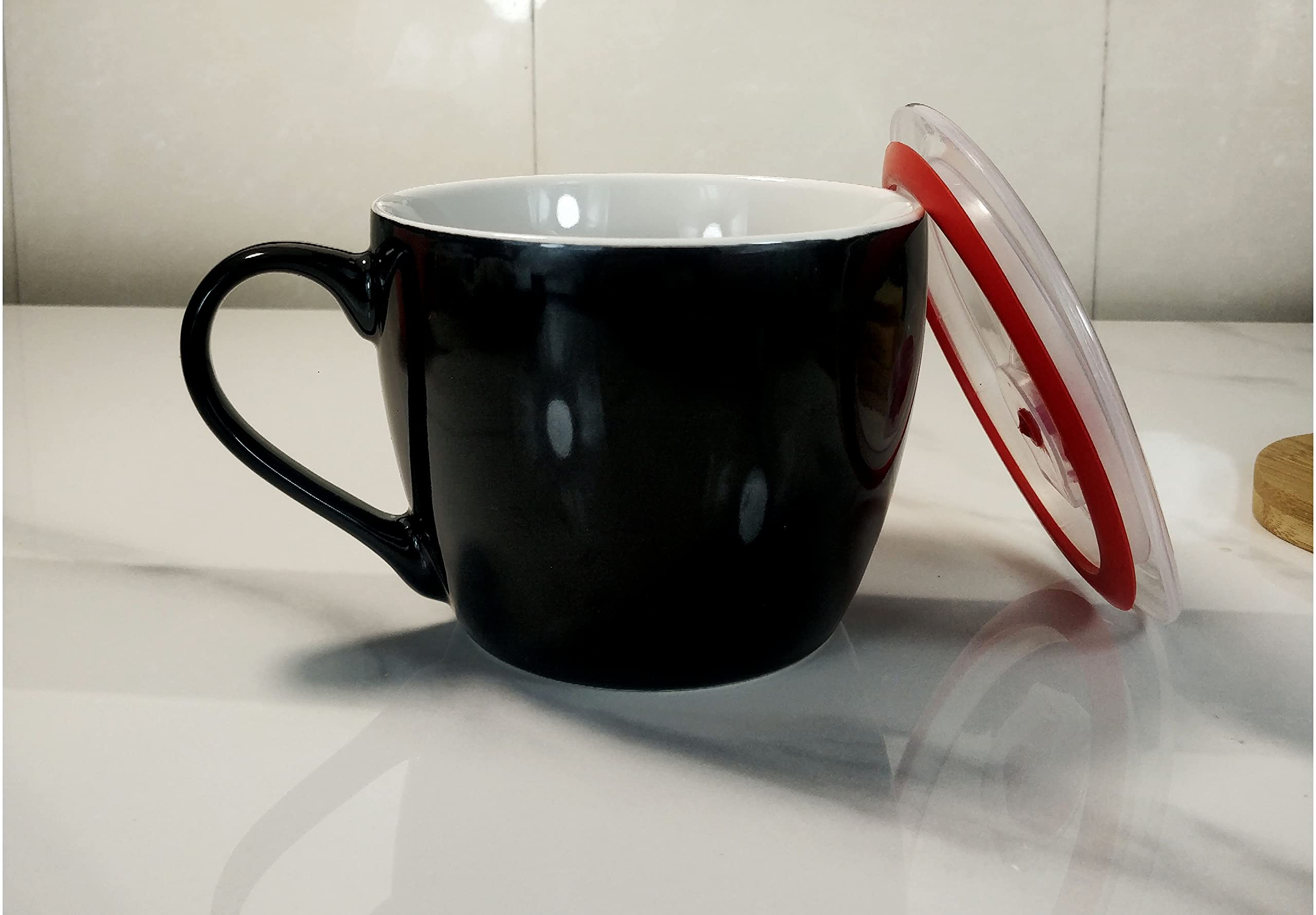 BOWLLER 30oz Black Porcelain Bowl with Lid and Handle for Soup, Salad, Cereal and Instant Noodles, Soup Mug with Heat Preservation Handle