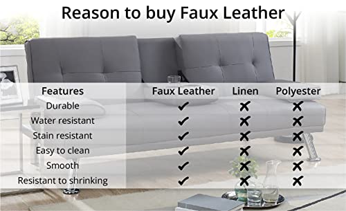 Naomi Home Futon Sofa Bed, Faux Leather Futon Couch with Armrest and 2 Cupholders, Pull Out Sofa Bed Couch Convertible with Metal Legs, Folding, Reclining Couch Bed, Futon Bed for Living Room - Gray