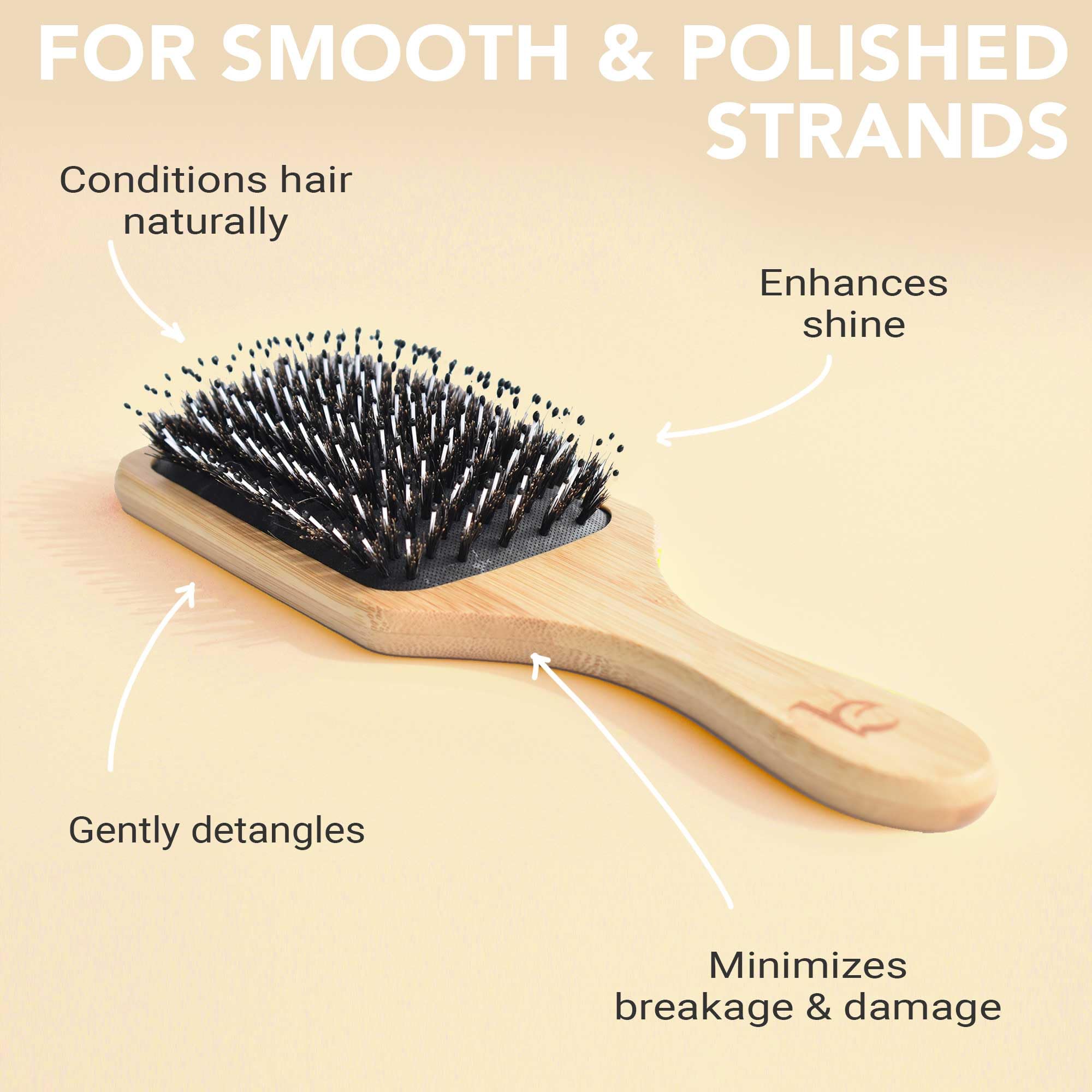 Boar Bristle Paddle Hair Brush - Smoothing Wood Brush for Thick, Curly & Wavy Hair, Detangling Natural Bristles for Women, Stimulates Scalp
