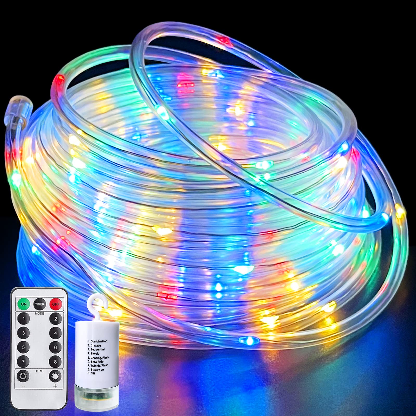JenWin 40Ft 120LED Rope Lights Decor, Battery Powered Valentines Lights Timer 8 Modes Remote Dimmable String Fairy Tube Light for Valentine's Day Decor Holiday Indoor Home Garden Party (Colorful)