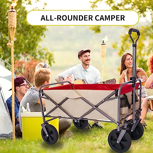 Folding Wagon Cart Beach Wagon Utility Wagon Cart Outdoor Heavy Duty Garden Portable Hand Cart with All-Terrain Wheels & Adjustable Handle (White+Red)