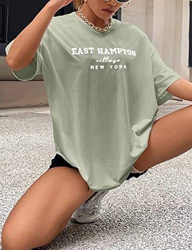 Lauweion Women Drop Shoulder East Hampton Letter T-Shirt Oversized Graphic Baggy Trendy Tee Shirt Top Green