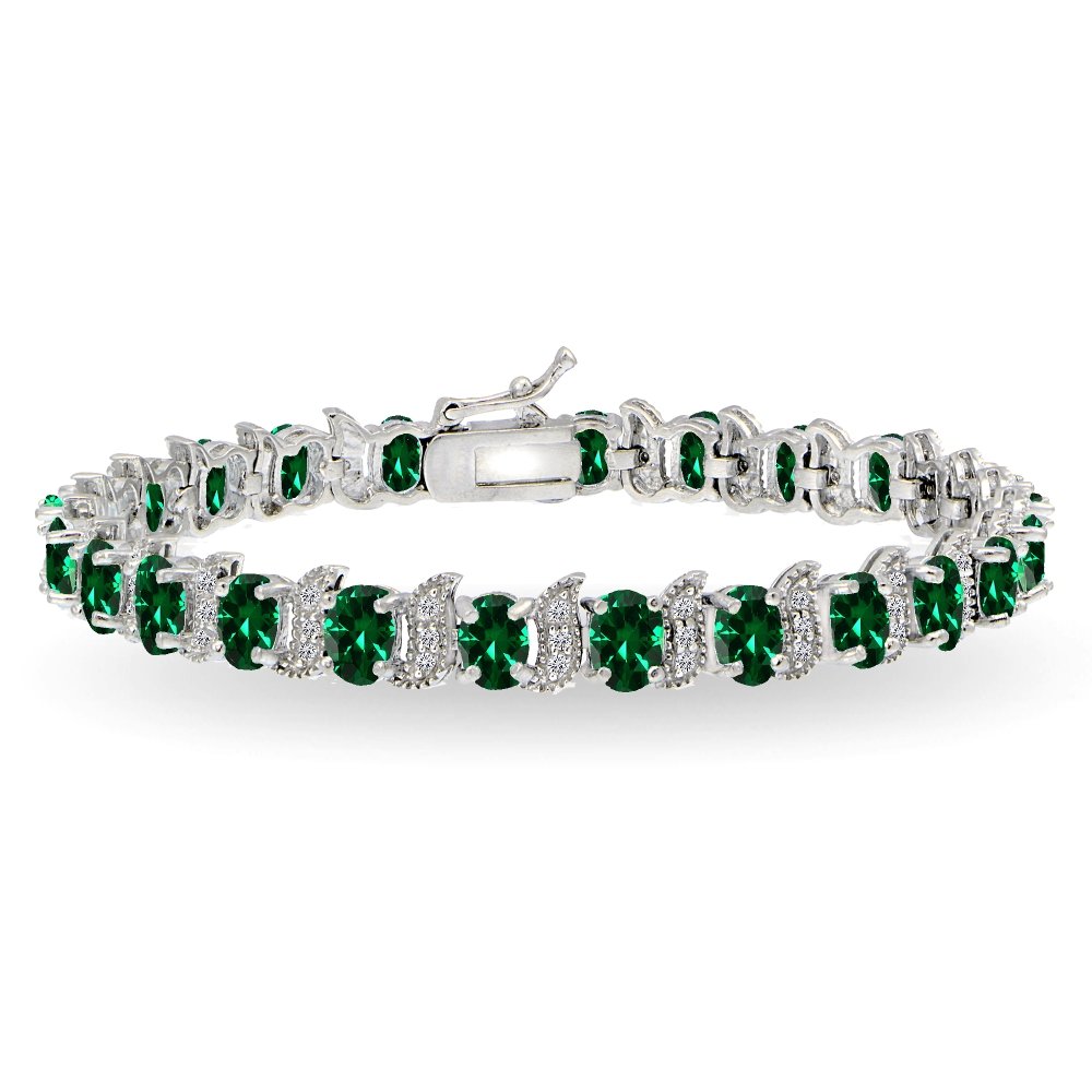 B. BRILLIANT Sterling Silver Simulated Emerald 6x4mm Oval and S Tennis Bracelet with White Topaz Accents