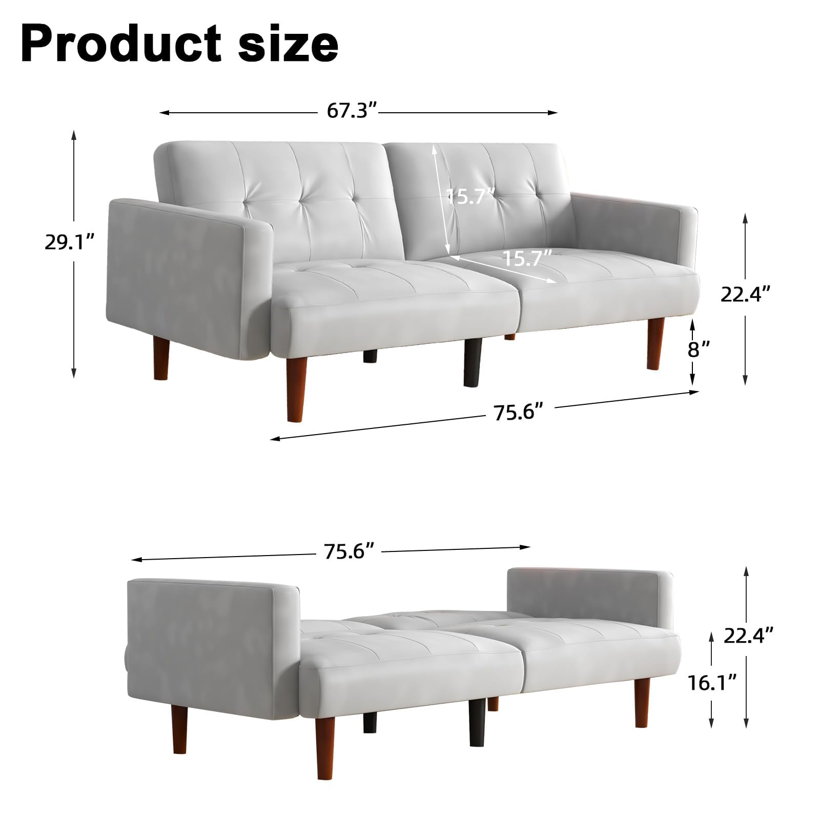 EBELLO Faux Leather Futon Sofa Couch Bed Solid Wood Legs, Convertible Sleeper Sofa Small Loveseat for Small Space Apartment, Bedroom, Living Room, Light Gray