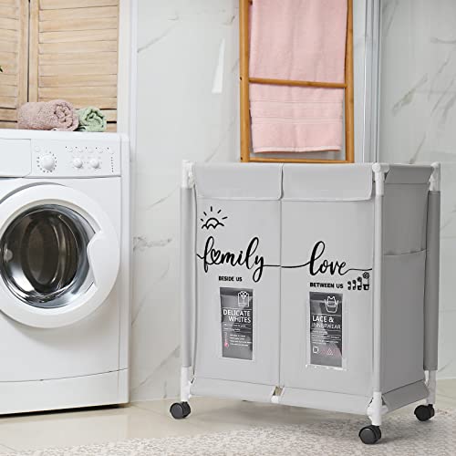 Laundry Sorter Cart with Lid, 110L 2 sections Oxford Cloth Laundry Hamper on Wheels, Laundry Basket for Family Dorm Room Clothing Throws Toys (22.6*13.6*26.6IN)