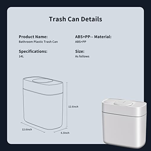 JUDRDO Bathroom Trash Can with Lid, Plastic Garbage Bin for Bedroom, Small Wastebasket with Soft Close Lid, Dog Proof Trash Bin 14L for Office, Toilet, Narrow Place