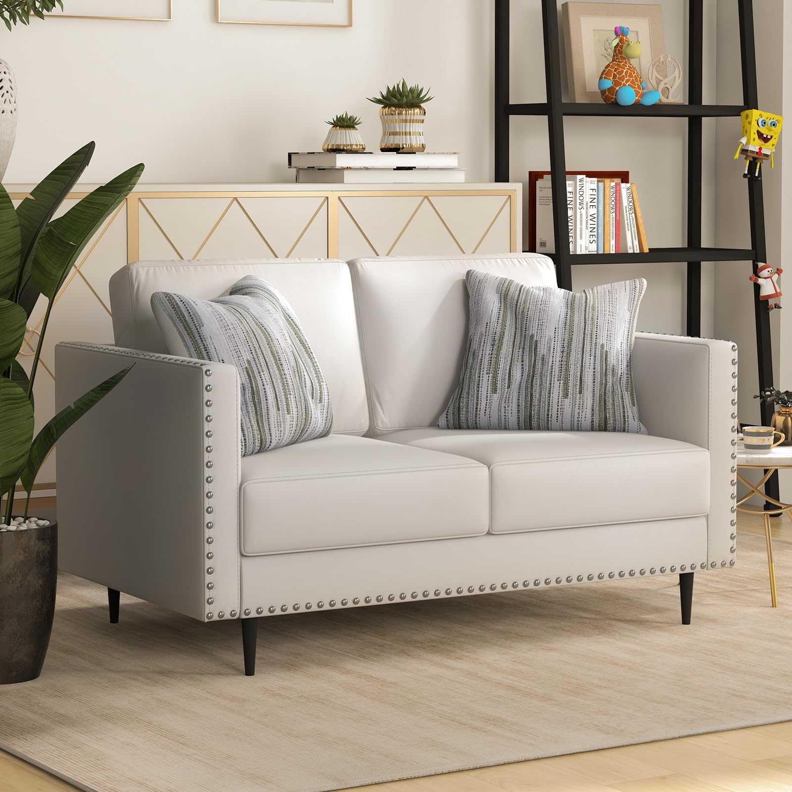 EBELLO Modern Loveseat Sofa Living Room, Upholstered 2-seat Leather Sofa Couch, Rivet Design, Wood Frame and Sturdy Legs Small Sofa for Small Space, Bedroom Office, White