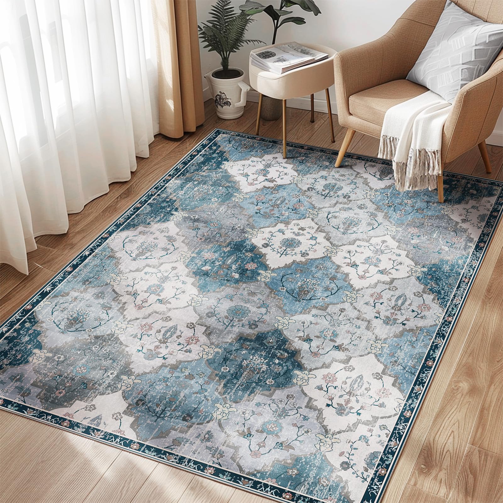 CAPALOCA Area Rugs for Living Room 6x9 Washable Area Rugs Boho Vintage Design Indoor Decor Carpet, Non Slip Low Pile Soft Area Rugs Water Repellent Polyester Bluegrey