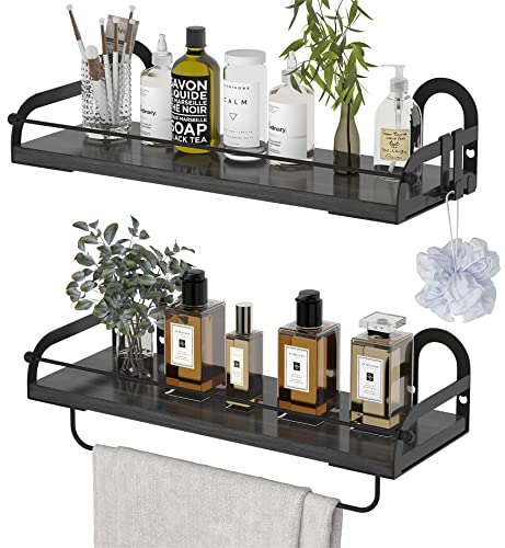 JIANGBAI 15.7inchX2 Wall Shelves for Bedroom , Floating Wall Shelves for Living Room Kitchen , Wall Mounted Rustic Wood Floating Shelves for Books, Small Shelf for Bathroom, Laundry Room (Black)