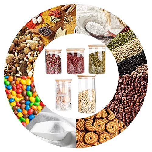 IZEJAZT Glass Jars With Bamboo Lids. 5 Pc Set of Air Tight Sealable Containers. Food Jar Canisters with Airtight Lid for Pantry Storage and Kitchen Organization.