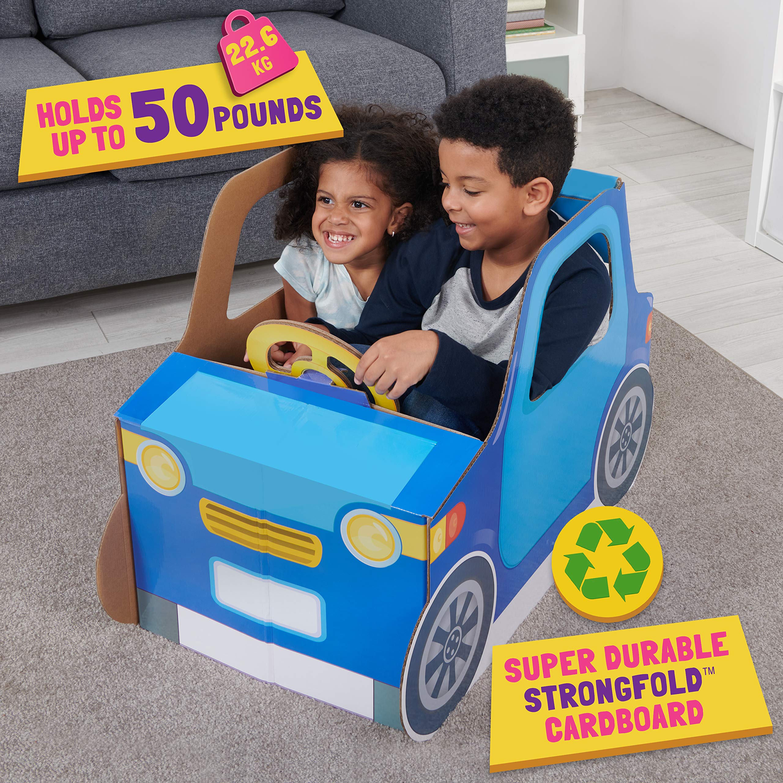 Pop2Play Indoor Baby Car – Sturdy and Eco-Friendly Cardboard Toddler Toy Car – Includes 10 Accessories (Blue)