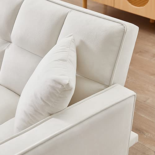 hansones Futon Sofa Bed,Loveseat Folding Daybed,Modern Velvet Fabric Convertible Folding Lounge Couch withwith Arm 2 Pillows Split for Small Space, Home, Living Room (Cream White)