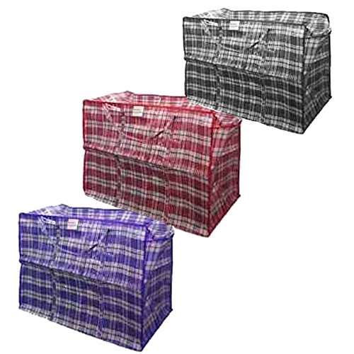 Set of 5 - Jumbo EXTRA-WIDE Plastic Black Red White 26" X 22" X 11.5" Storage Laundry Clothing Dorm Room Shopping Bags w/ Zipper + Handles (5)