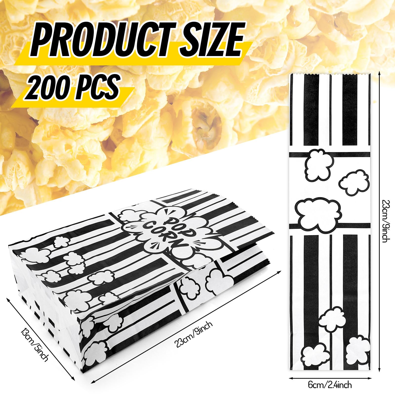 Whaline 200Pcs Movie Night Paper Popcorn Bags 2 oz Black and White Stripe Flat Bottom Popcorn Container Grease Resistant Large Sleeve Popcorn Bucket Disposable for Retro Movie Themed Party Carnival