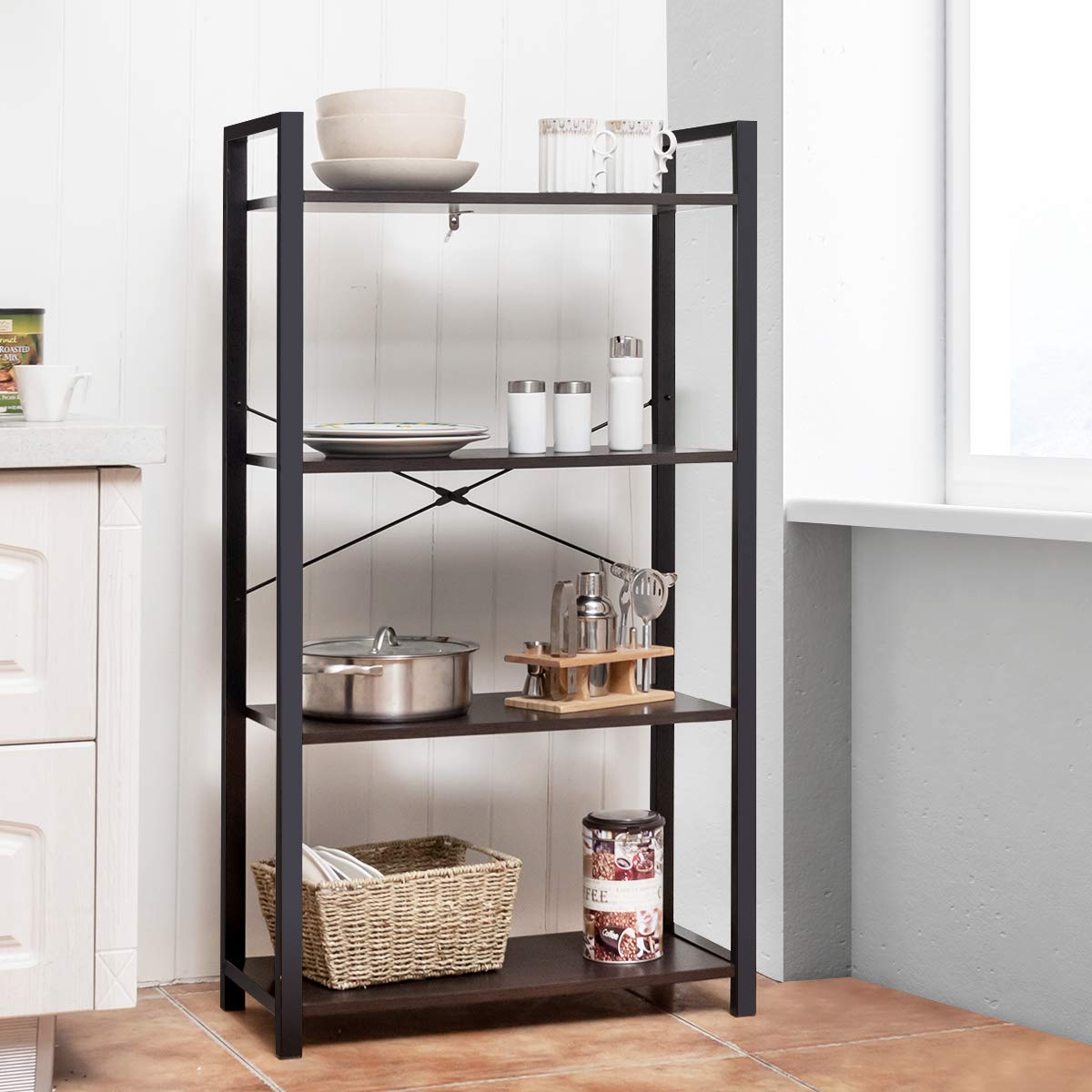 Giantex 4-Tier Industrial Bookshelf, Vintage Bookcase with Metal Frame, Standing Shelf Unit, Storage Shelves, Book Shelf for Living Room, Bedroom, Office, Black